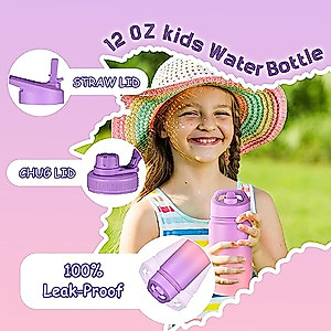 Mininoo Insulated Kids Water Bottle, 12 oz Stainless Steel Water Bottle Kids with Straw Lid and Chug Lid for Girls, Boys (Purple/Pink)