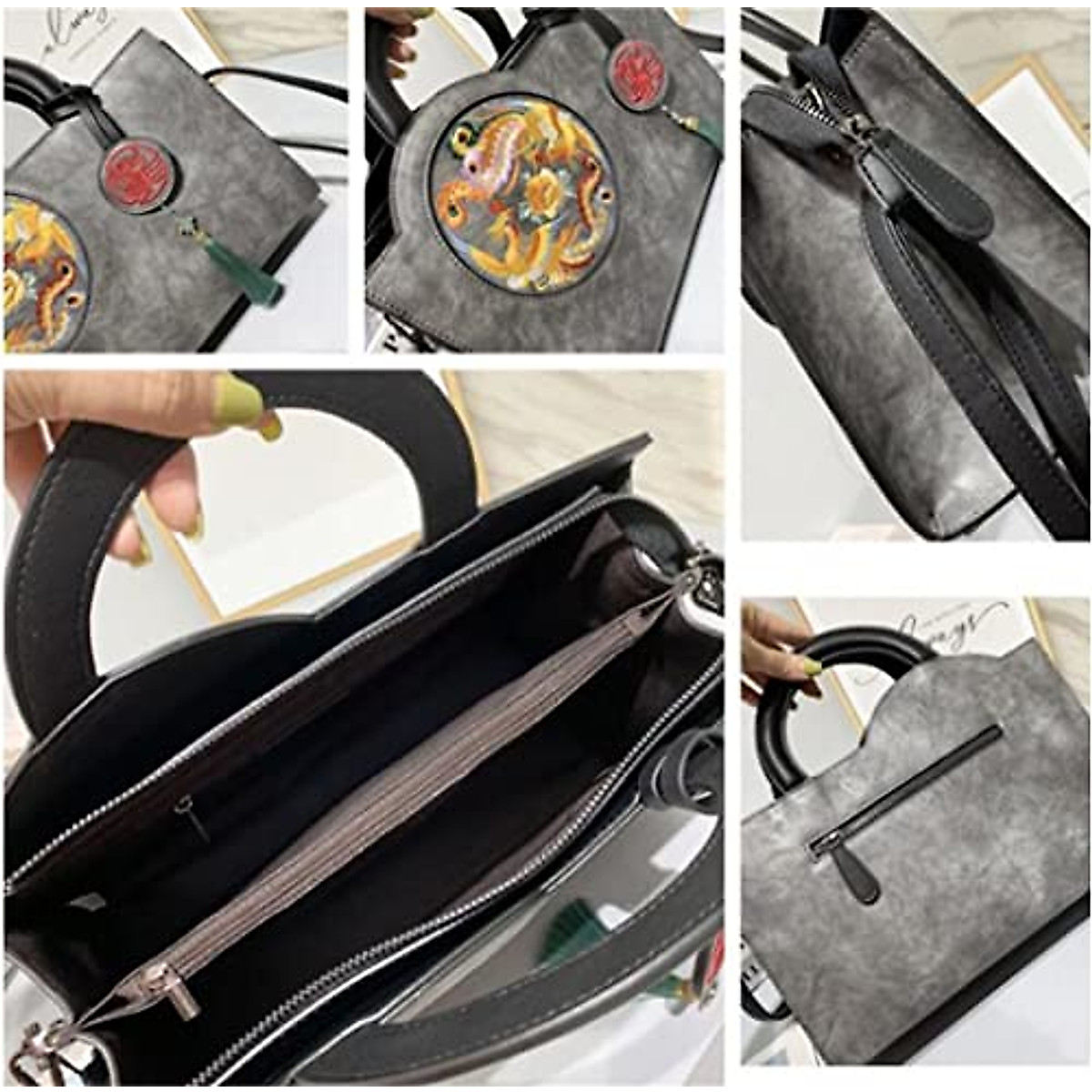 LDCHNH Winter Women's Tote Bag Chinese Style Retro Handbag Large Capacity Women's Shoulder Bag (Color : Gray, Size : 32(L)*24(H)*14(W) cm)