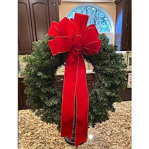 Rocky Mountain Goods 10” x 26” Christmas Red Bow with Gold Edges - Indoor/Outdoor Bow for Wreaths, Tree Topper, Door, Post (1)