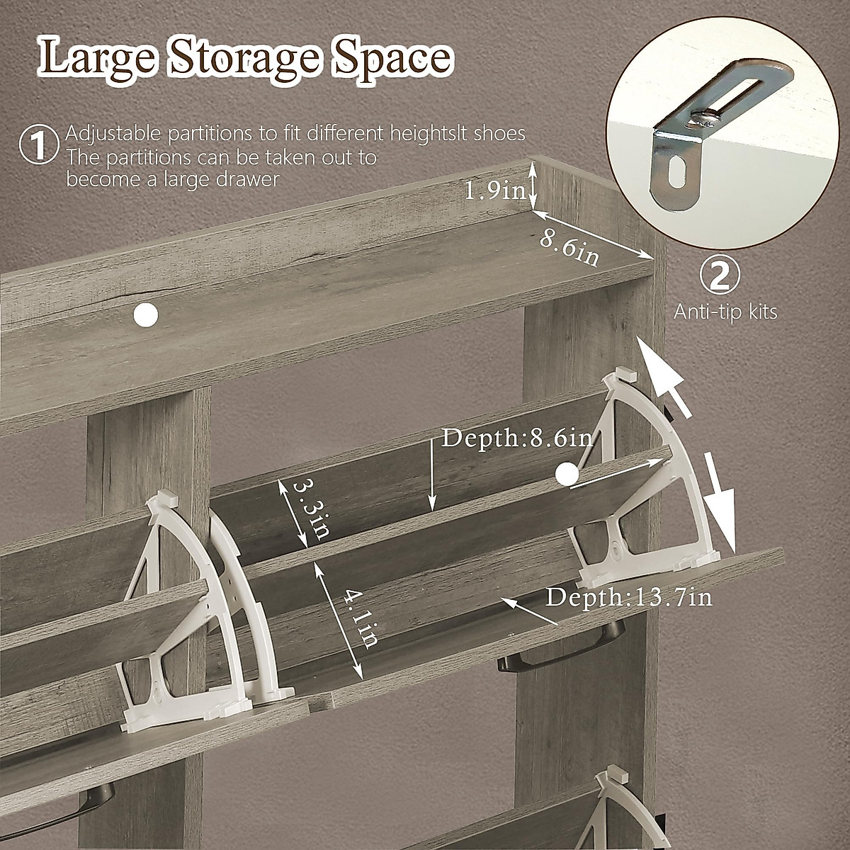 MISHAO Shoe Storage Cabinet with 4 Flip Drawers, Narrow Shoe Cabinet Storage with Legs for Entryway, Freestanding Shoes Organizer Cabinet, Farmhouse Slim Shoe Cabinet, Rustic Gray