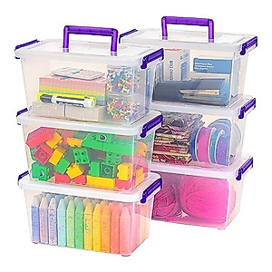 IRIS USA Plastic Storage Bins with Lids 5.4 Qt. Craft Organizers and Storage with Handle, Art Supply Storage Organizer, Arts and Crafts Organizer, Stackable and Secure Latch, Clear/Violet - 6 Pack