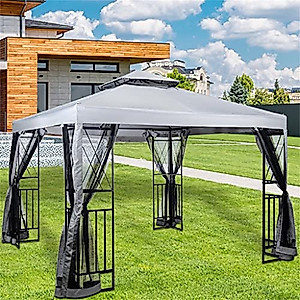 ADUH 10'X10' Gazebo Canopy, Patio Gazebo with Net and Corner Shelves, Shade Awning Shelter, Pergola Picnic Outdoor Party