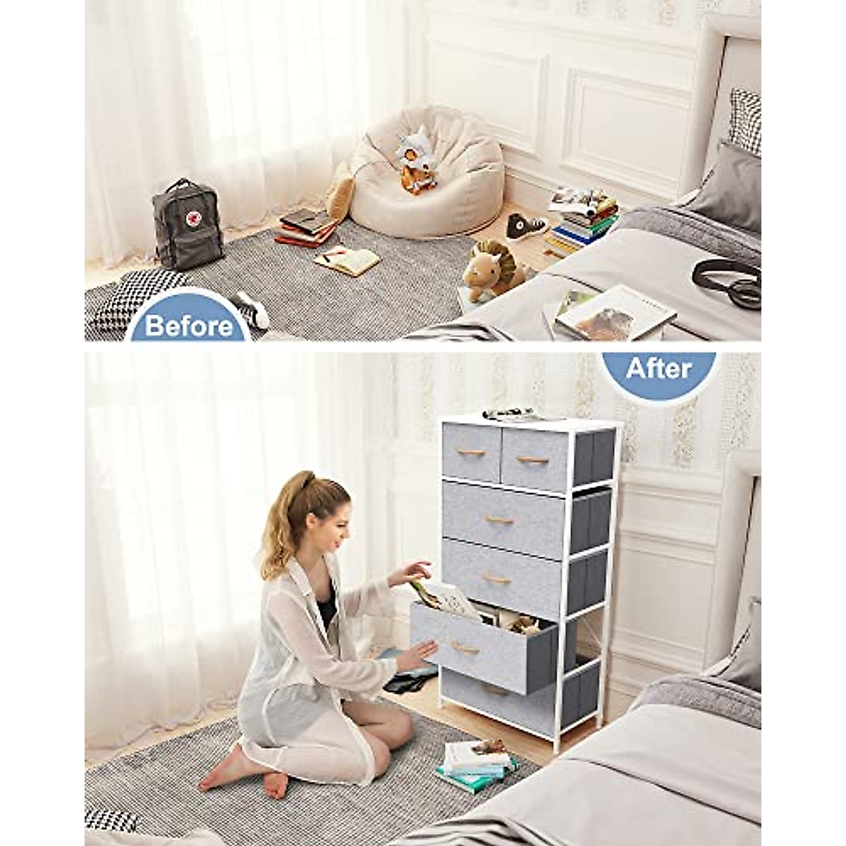 Crestlive Products Vertical Dresser Storage Tower - Sturdy Steel Frame, Wood Top, Easy Pull Fabric Bins, Wood Handles - Organizer Unit for Bedroom, Hallway, Entryway, Closets - 6 Drawers (Light Grey)