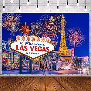 Sendy 7x5ft Welcome to Las Vegas Photo Photography Backdrop Night City Birthday Party Decorations Casino Poker Fireworks Movie Theme Banner Background Prom Ceremony Baby Shower Props, One Size