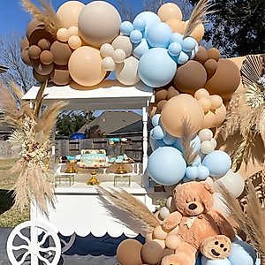 Blue Brown Balloons Teddy Bear Baby Shower Garland Arch Kit Decorations with 147Pcs Blush White Sand Balloon for Jungle Safari Woodland Themed Wild One 1st Birthday Wedding Thanksgiving Boho Party