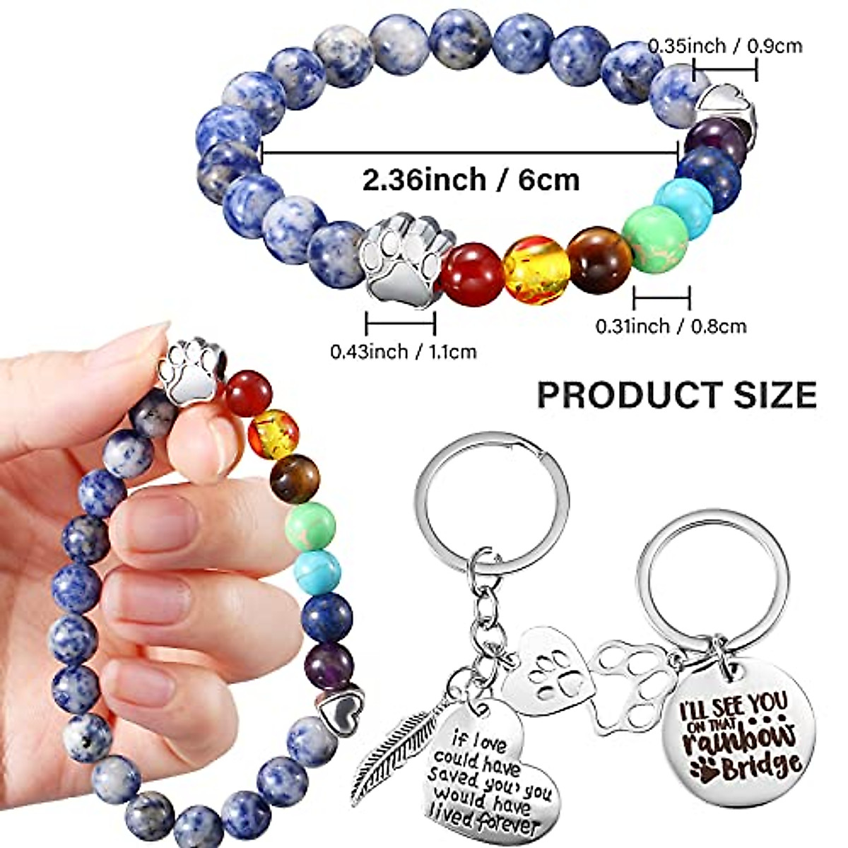 Jadive 9 Pieces Pet Memorial Set Includes 8 mm Rainbow Bridge Bracelet Pet Dog Loss Keychain Rainbow Bridge Poem Card with Flannel Bags and Organza Bag for Women Men Kids Pet Lovers (Classic Style)