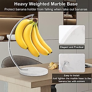 Livabber Banana Holder with Marble Base, Metal Banana Hanger Modern Tree Stand with Hook, Stylish Banana Keeper Fresh Fruit Storage Organizer Freestanding for Kitchen Countertop (Chrome, Single Hook)
