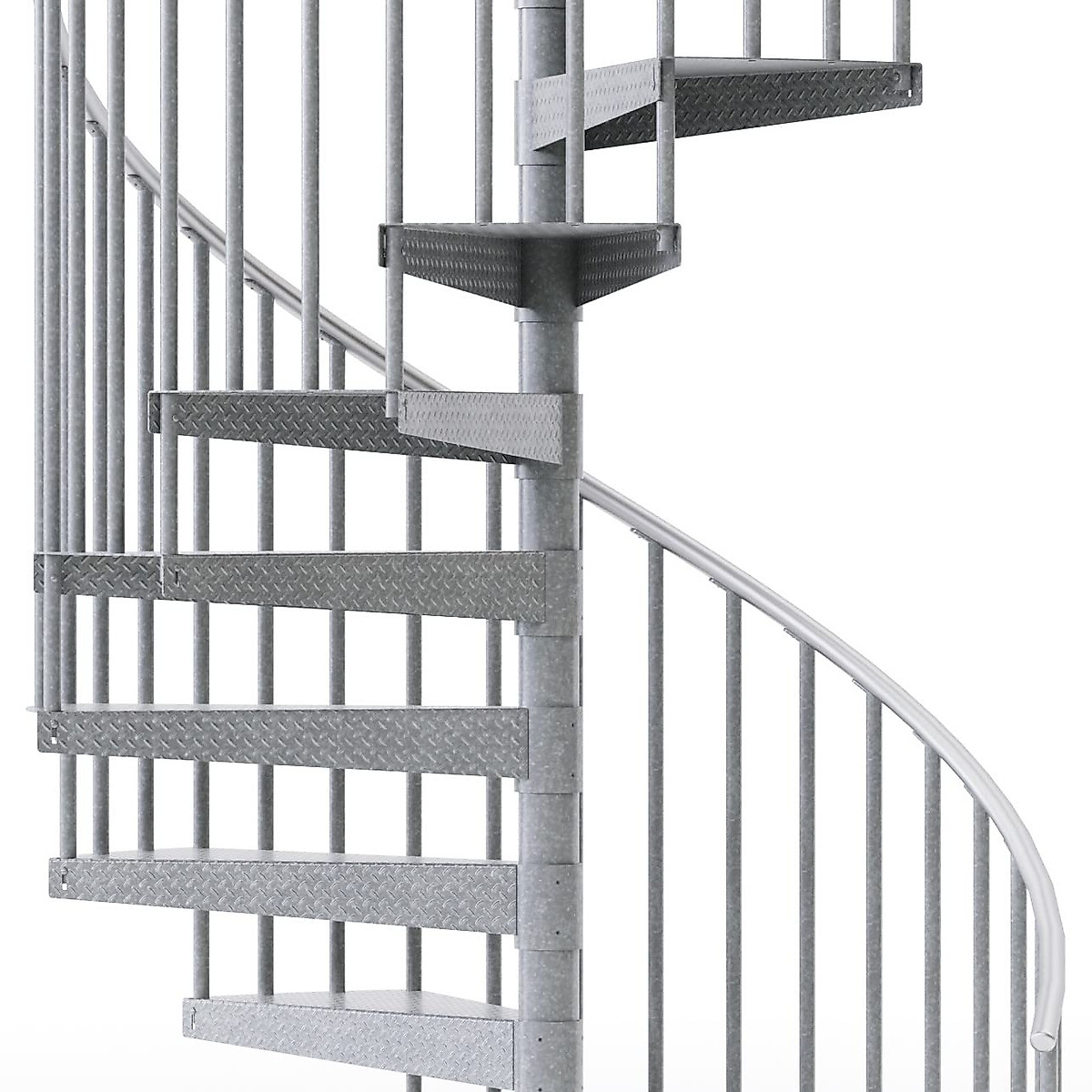 Mylen STAIRS Reroute Galvanized Exterior 60in Diameter, Fits Height 136in - 152in, 2 36in Tall Platform Rails Spiral Stair Kit