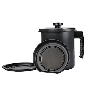 Ourokhome Bacon Grease Container with Strainer,1.3L / 5.2 Cup Kitchen Used Cooking Oil Storage Can Grease Keeper with Fine Mesh Strainer and Lid for Fat, Hot Frying Oil (Black)