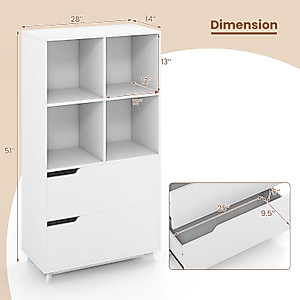 Giantex 51" Tall Bookcase with 2 Drawers, 4-Tier Open Bookshelf with 4 Storage Cubes, Modern Display Shelf with Anti-Toppling Devices, Freestanding Wooden Storage Shelf for Home Office, White
