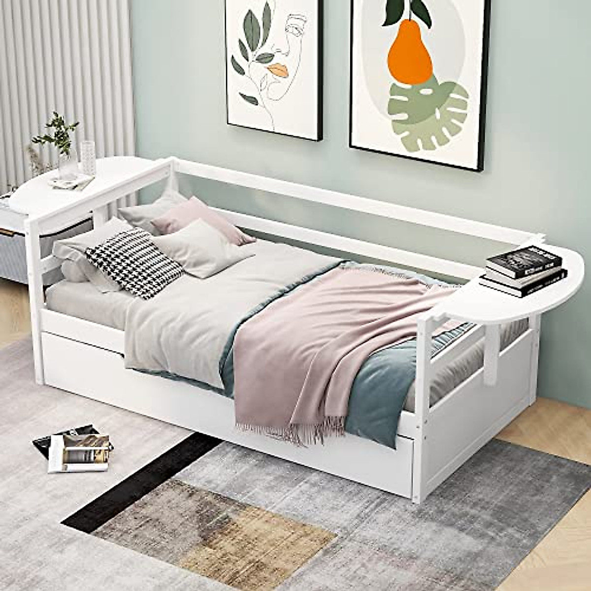 Polibi Twin Size Daybed with Trundle and Foldable Shelves on Both Sides, Wooden Sofa Bed with Wood Frame and Slats, No Spring Box Needed