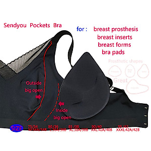 Sendyou SY17 Pockets Bra with Big Open for Mastectomy Prosthesis Inserts Breast Forms Bra Pads Artificial Boobs Black