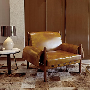 BAOMKONG Accent Leisure Chair,Vintage Chair with Solid Wood and Oil Wax Leather Upholstered,Armrest Chair for Living Room, Bedroom, Reading, Balcony,Brown