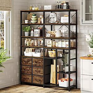 HAUOMS Corner Bookshelf, 7-Tier Industrial Convertible Book Shelf with 6 Fabric Drawers, Corner Bookcase Freestanding Display Shelf for Living Room, Kitchen, Home Office, Rustic Brown