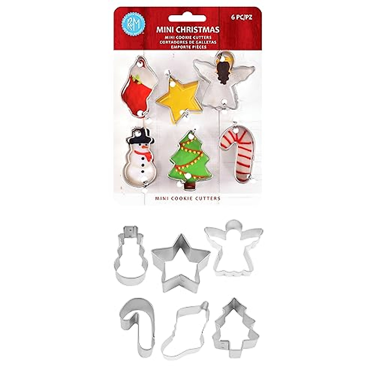R&M International Mini Christmas Cookie Cutters, Snowman, Stocking, Star, Candy Cane, Tree, Angel, 6-Piece Set