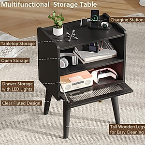 Irontar Nightstand with Charging Station, LED Bedside Table with Hinged Door & Open Storage Space, Modern End Table with Wooden Legs, Night Stand for Bedroom, Living Room, Black BZZ009BE