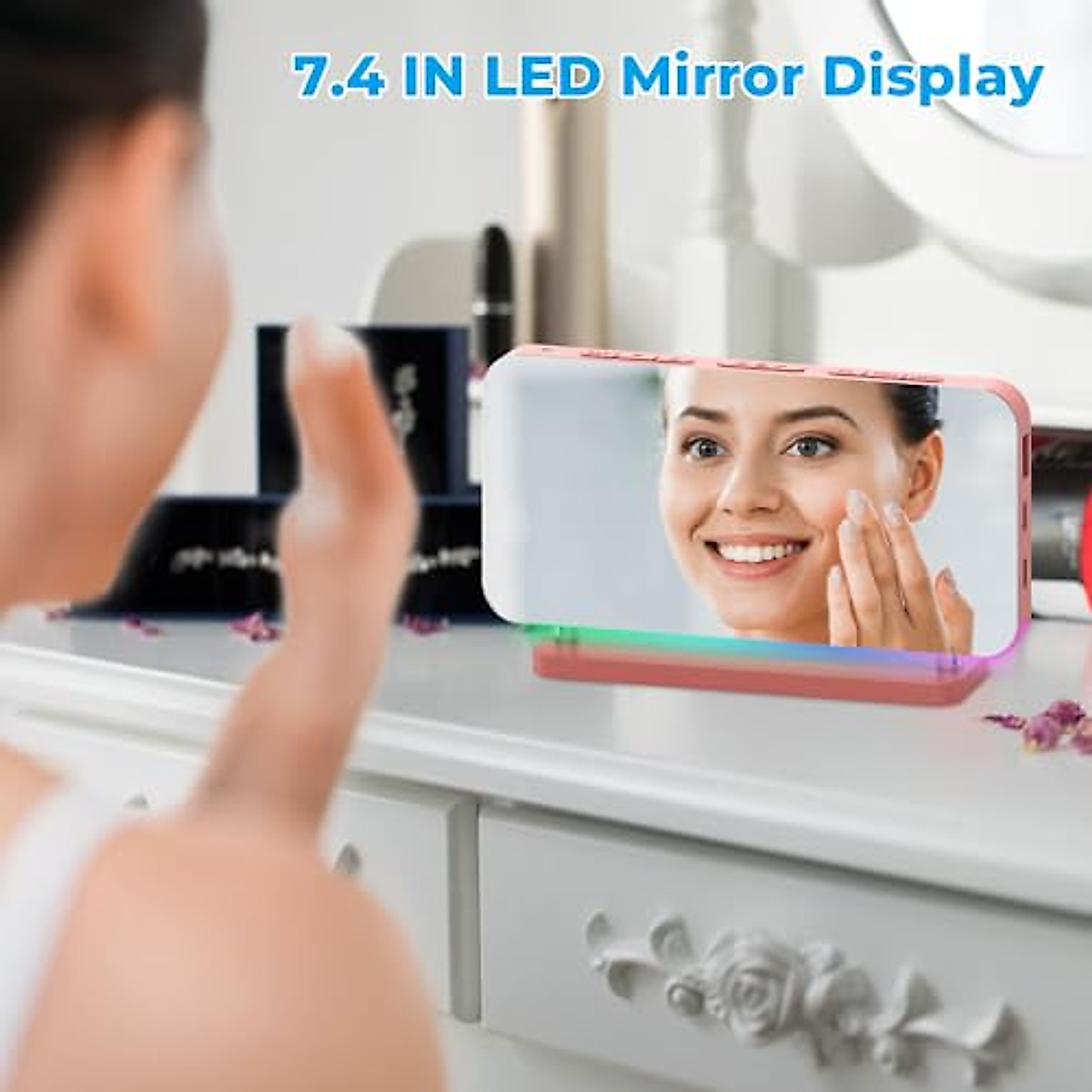 Poeroa RGB Digital Alarm Clock,7.4 in LED Desk Clock with Night Light,USB C Charger Port,Auto Dimming,Acrylic Mirror Clock for Teens Girl Adults Bedroom Decor - Pink