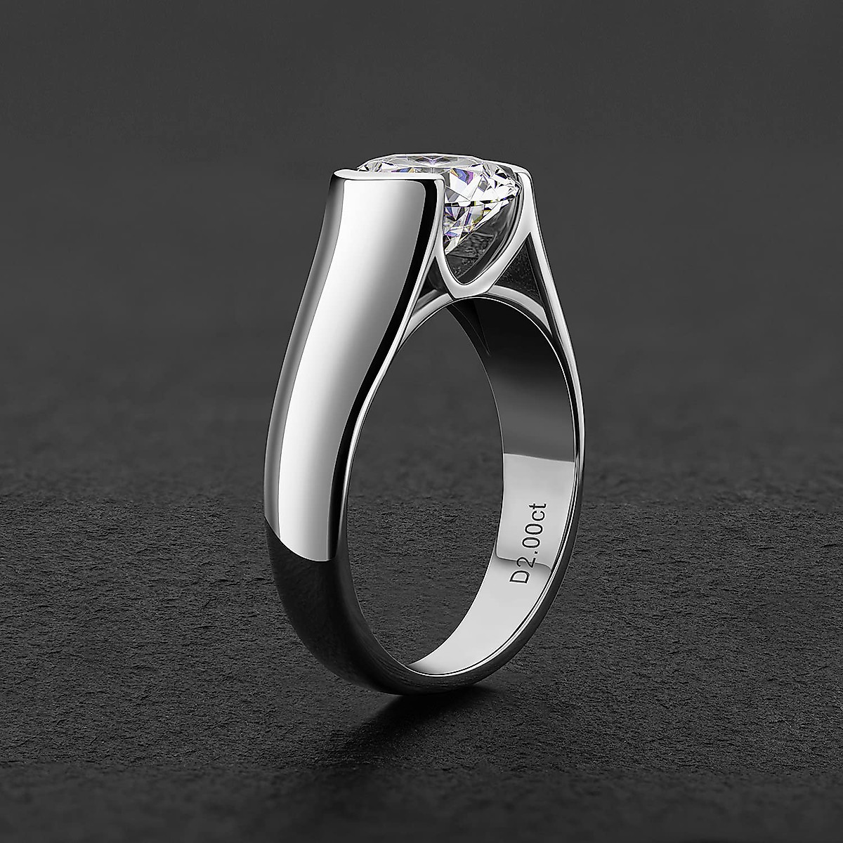 CannyCat 2 Carat Moissanite Half Bezel Set Ring for Women Platinum Plated Silver D color VVS 8 mm Moissanite Diamond Solitaire Engagement Promise Band (5.5)