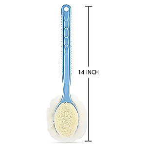 Shower Body Brush with Bristles and Loofah,Back Scrubber Bath Mesh Sponge with Curved Long Handle for Skin Exfoliating Bath, Massage Bristles Suitable for Wet or Dry, Men and Women (Grey)