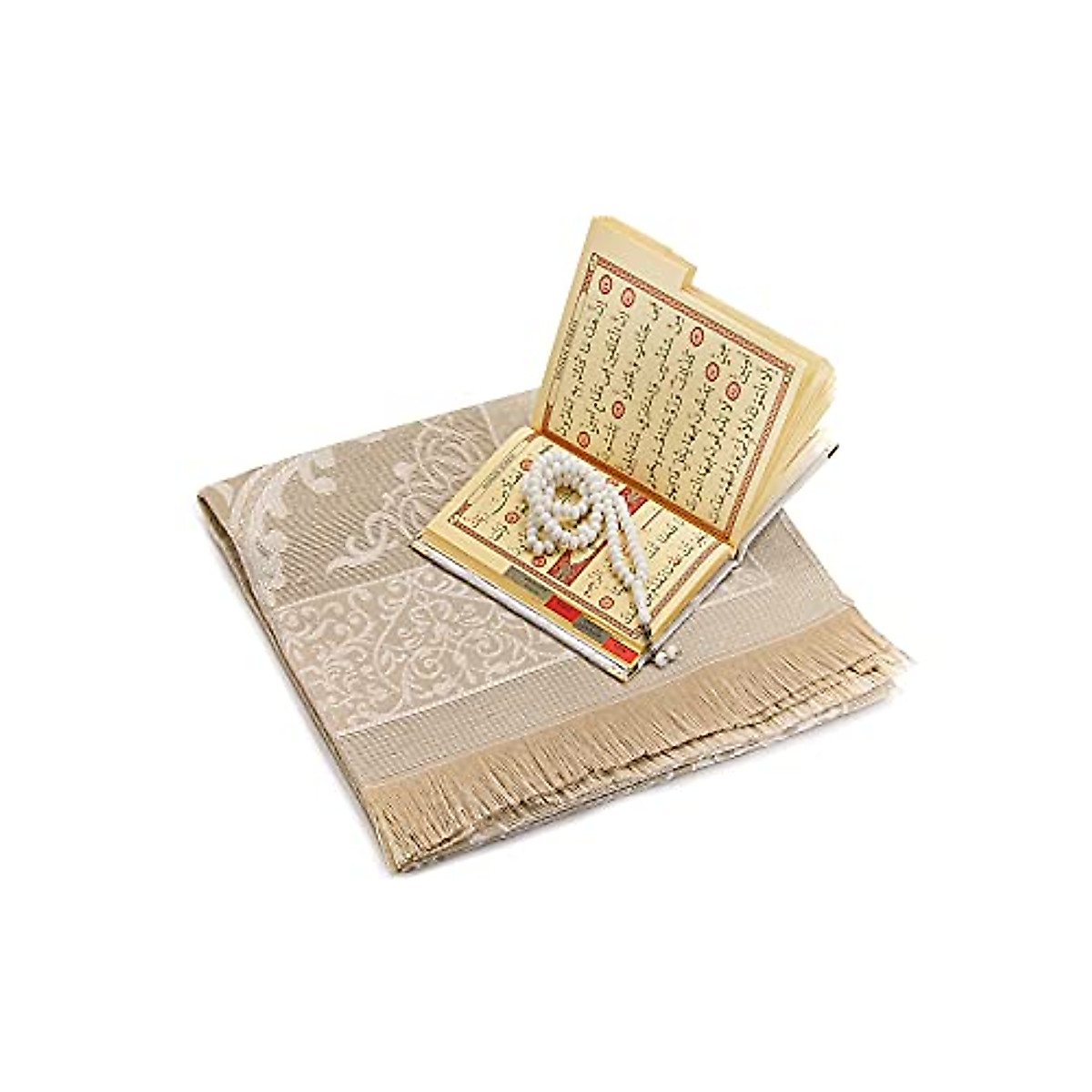 ihvan online Taffeta Fabric Muslim Prayer Rug & Velvet Covered Yaseen Surah Bag-Size Book & Crystal Prayer Beads Set with Kraft Boxed, Perfect Islamic Ramadan Eid Gifts, Cream