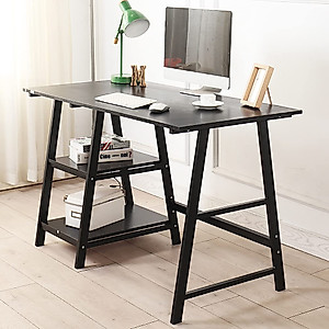 Trestle Desk with 2 Shelves, soges 47 inches Reversible Storage Desk with Racks, Home Office Computer Desk Organizer Workstation, Student Desk Wooden School Desk, Black