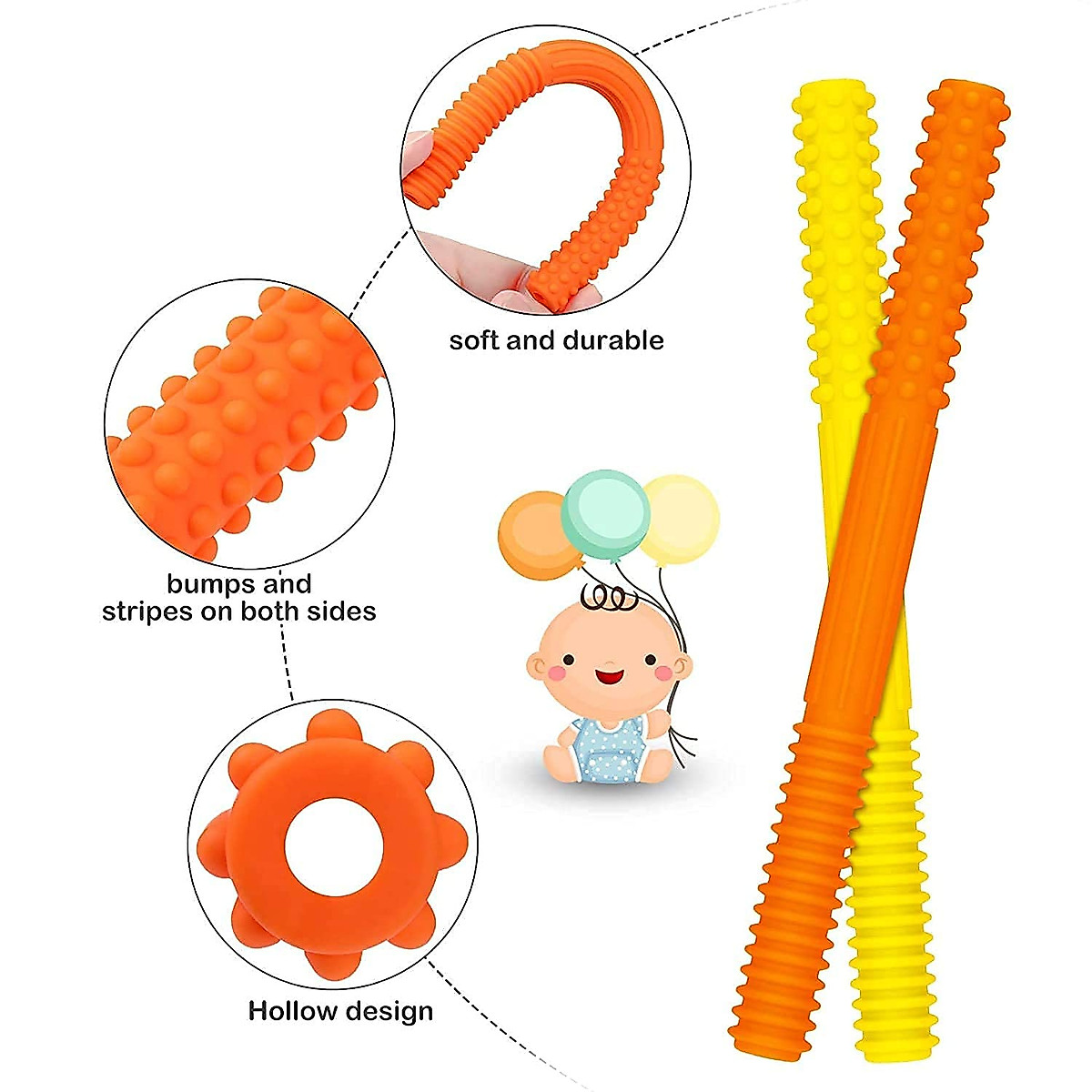 SLGOL Hollow Teether Tube(6.8'' Long), 5 Pack Chew Straw Teething Toys for Infant Toddlers Silicone Tubes Teething Sticks for Babies 3-12 Months, BPA Free