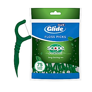 Oral-B Complete Glide Dental Floss Picks Plus Scope Outlast, Long Lasting Mint, 75 Dental Floss Picks, Green, Older Version, 450 Count, Pack of 6