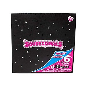 Squeezamals Mystery Black Box Collector Pack- 6 Exclusive Characters- The Mystery is 100% of The Fun! Perfect for Your Little One to Surprise with These Mini plushies! Peel and Reveal