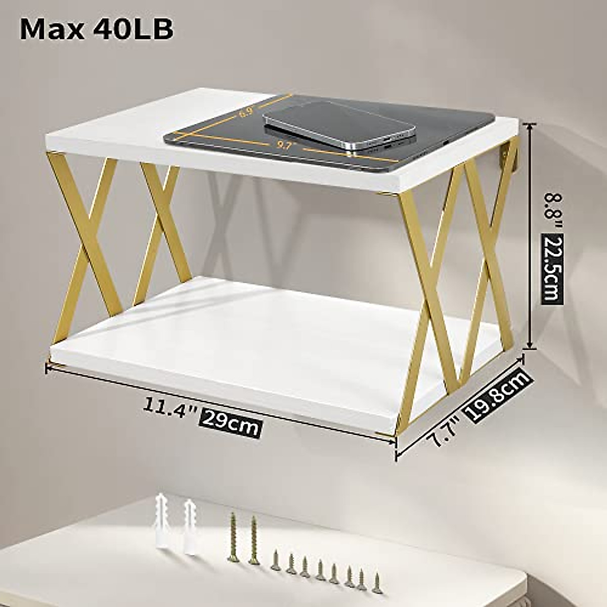 Afuly Floating Nightstand Wall Mounted, 12 Inch Bedside Table for Bedroom Storage Decor, Modern White Gold Wall Shelves for Home Livingroom Bathroom Kitchen Decor