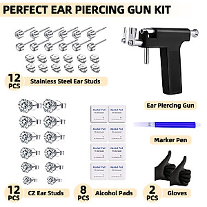 Self Ear Piercing Gun Kit with 12 Pairs of CZ Ear Stud Piercing Tools with Multi-Purpose Ear Gun for Salon and Home Use