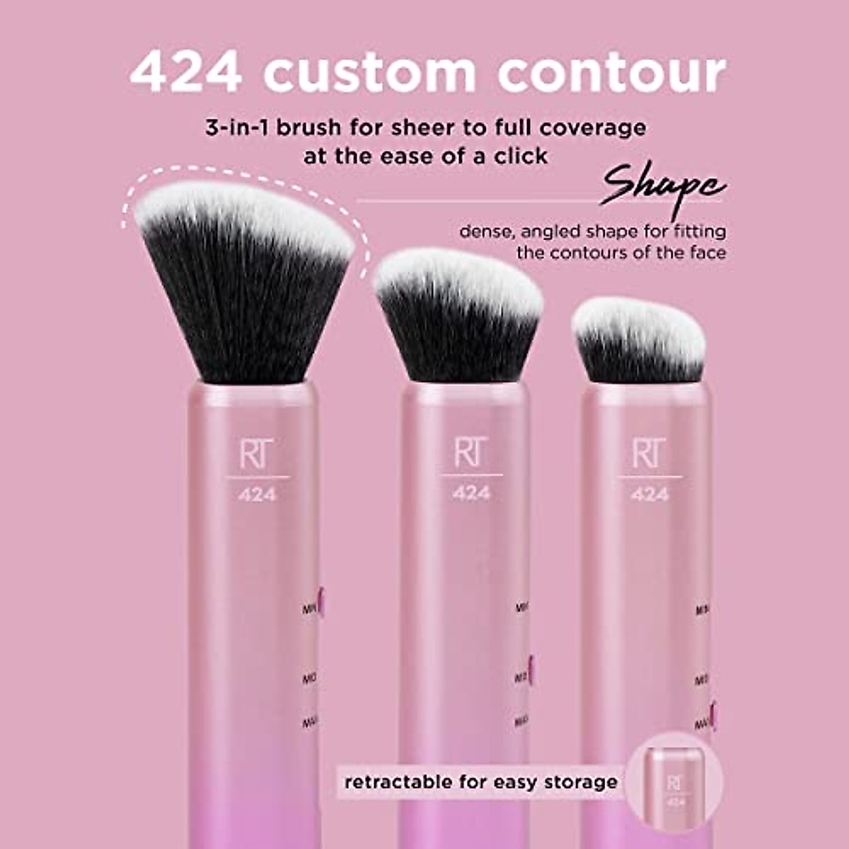 Real Techniques Custom Contour 3-in-1 Brush, Custom Slide For Bronzer & Contour Makeup, 3 Settings For Sheer, Medium, or Focused Application, Travel-Sized Kabuki, Cruelty-Free, 1 Count