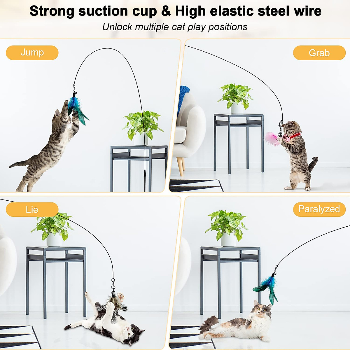 Madgern Cat Toys Interactive Wand Feather Cat Toy Equipped with Double Head Super Sucker&6 in 1 Hands-Free Natural Bird Badminton Pets Indoor Dance Play Toy