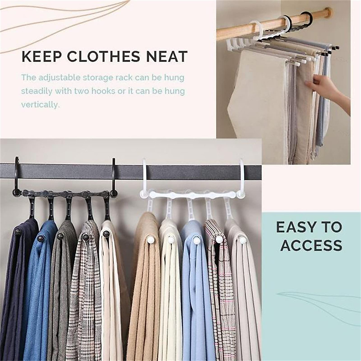 Multifunctional Pants Rack Hanger 2 Pack Pants Racks for Hanging Pants, 5 in 1 Adjustable Pant Rack Towel Shelves Closet Organizer Stainless Steel Wardrobe Magic Trouser Hangers Space Saving (Black)