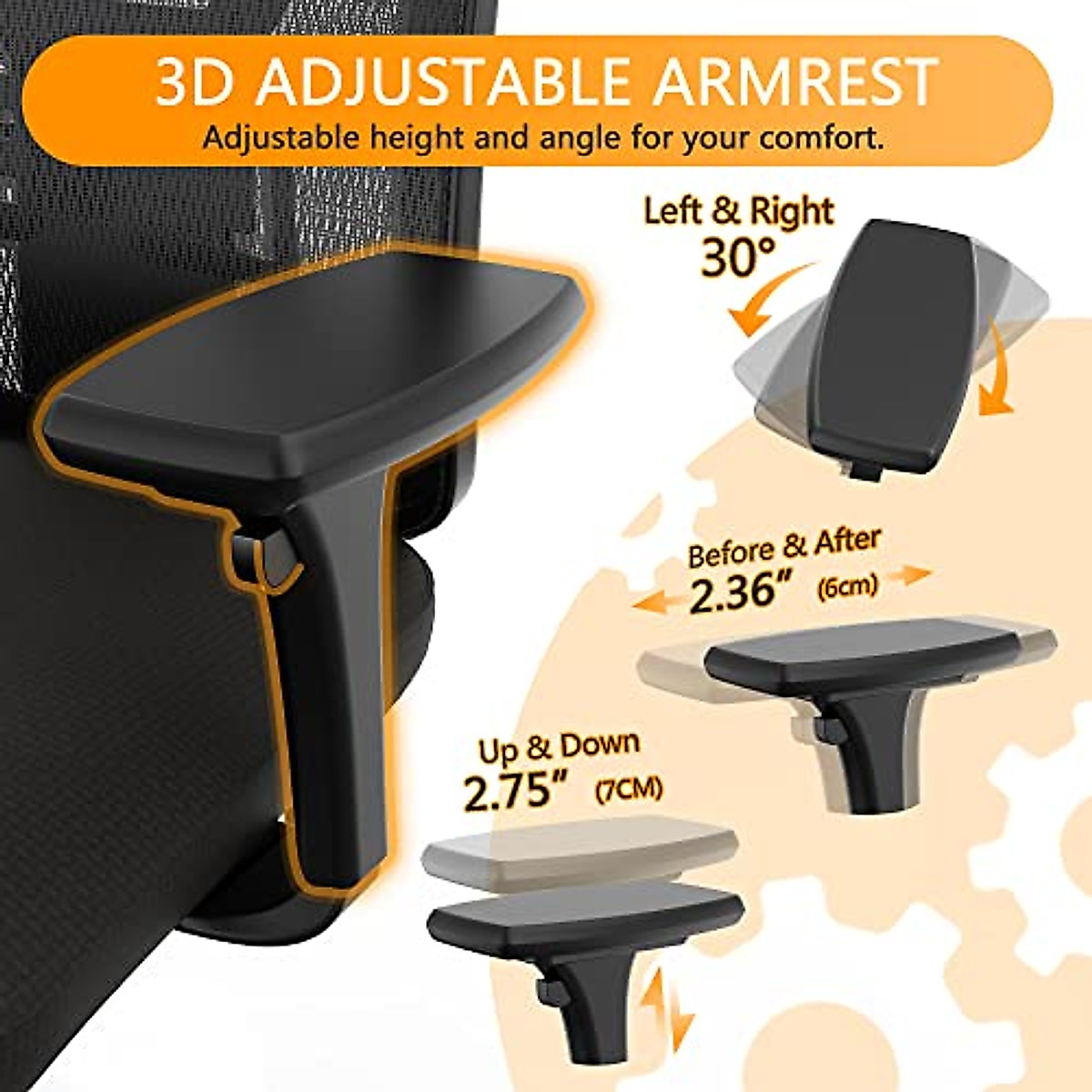 Ergonomic Office Chair, High Back Desk Chair, Adjustable Headrest with 3D Armrest Chair, Lumbar Support and Tilt Function with 120° Rocking Computer Chair for Home or Office