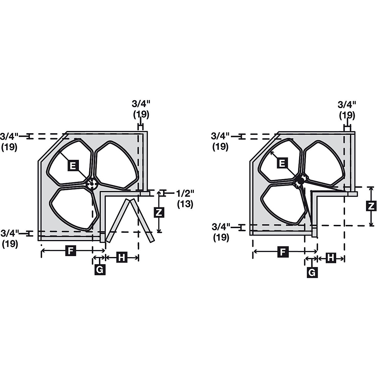 Kitchen Inventions Rotating Corner Base Cabinet Recycling Trash Center with Three Bins 3 x 32 qts Capacity Chrome/White