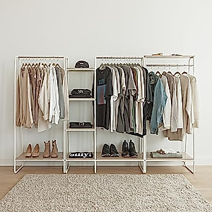 IRIS USA Metal Garment Rack with 2 Wood Shelves, White and Light Brown