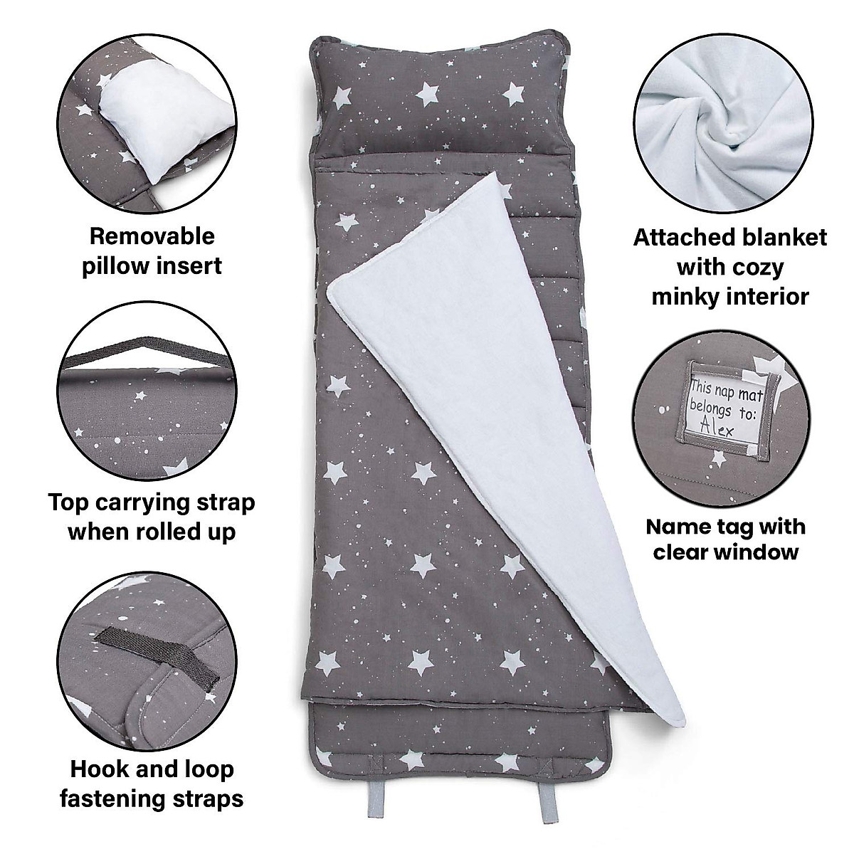 Delta Children Nap Mat with Included Pillow and Blanket for Toddlers and Kids; Features Carry Handle with Strap Closure and Name Tag; Rollup Design is Ideal for Preschool and Daycare, Dusty Skies