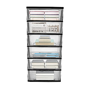 RustyVioum 6-Tier Books Storage Organizer, Rolling Storage Carts File Storage, Rolling Kitchen Cart Trolley w/Wheels for Closet Living Room Hallway Dormitory, Black+Clear/White+Clear (Black+Clear)