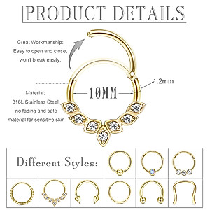 UBGICIG 9PCS Septum Jewelry 16G Septum Rings Daith Earrings Hoop Nose Rings Horseshoe Stainless Steel Septum Rings For Women Helix Tragus Lip Cartilage Earrings Silver Gold Black Rose Gold 8MM 10MM