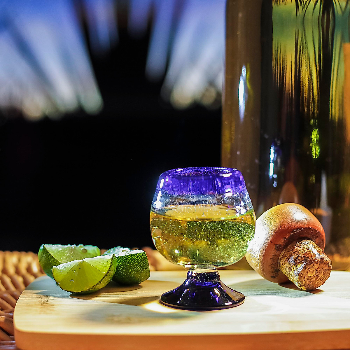 MEXTEQUIL - Authentic Mexican Tequila Hand Blown Shot Glasses - Set of 4-2 oz - Mini Glass Snifters - Heavy Base - Cognac (Cobalt Blue Rim)