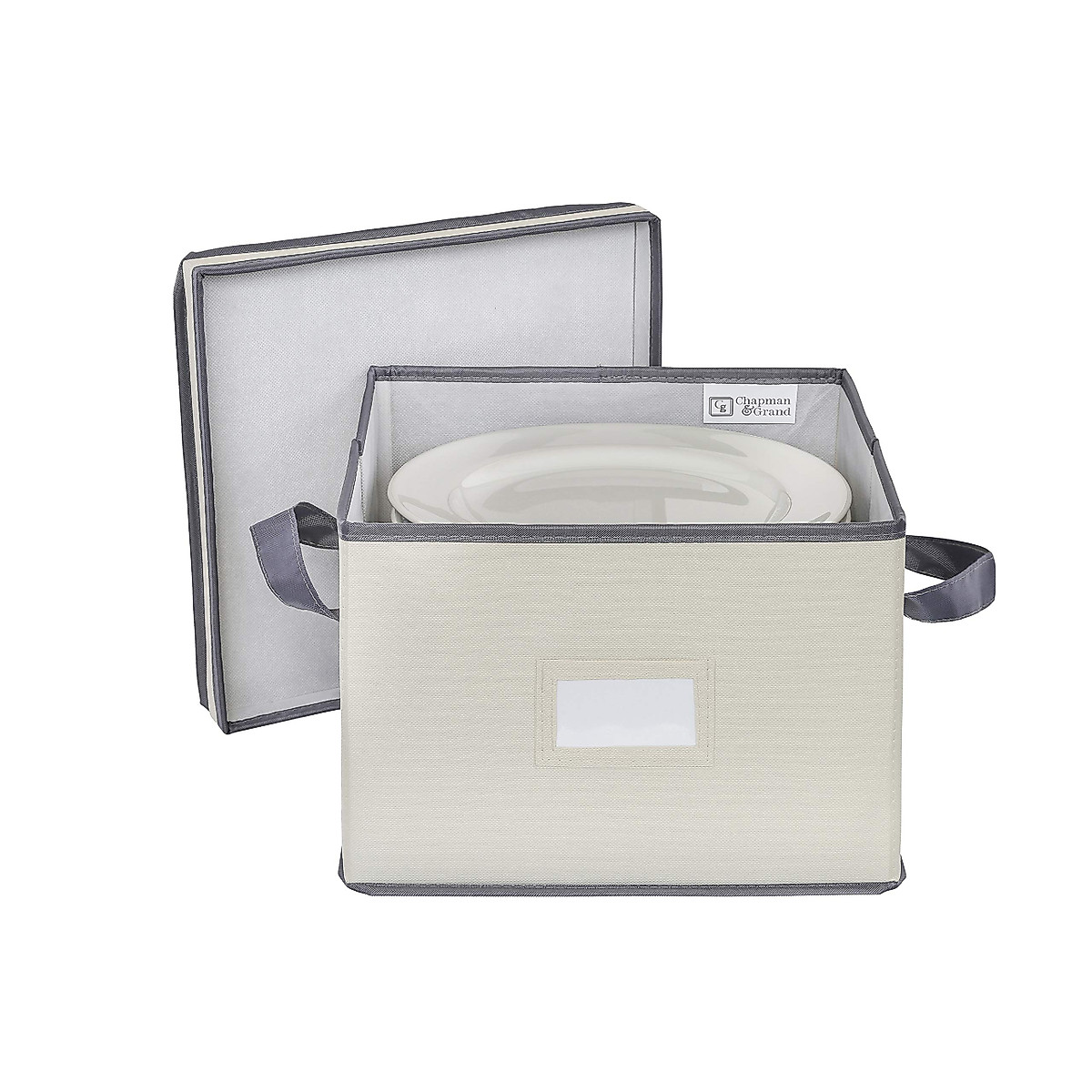 Chapman & Grand Plate Storage Chests (2-Piece Set), Dinnerware Protective Container Box for Dinner, Salad or Dessert Plates (Light Beige-Gray)