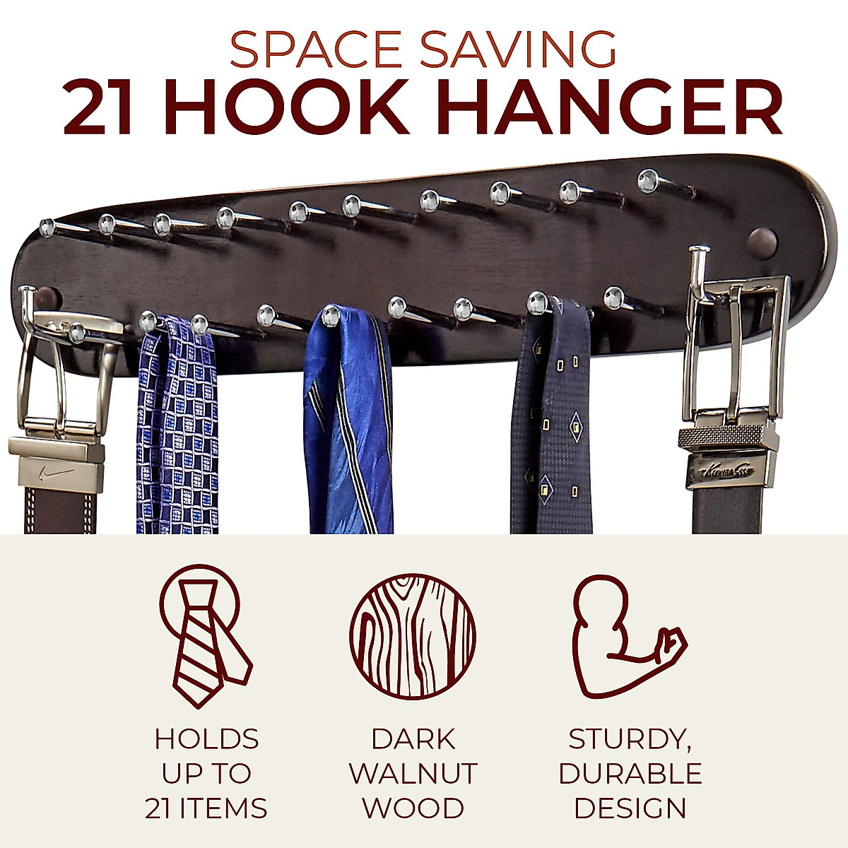 Richards Homewares Wall Mounted Tie, Belt and Scarf Hanger, Holds Up to 21-Ties, Natural Wood