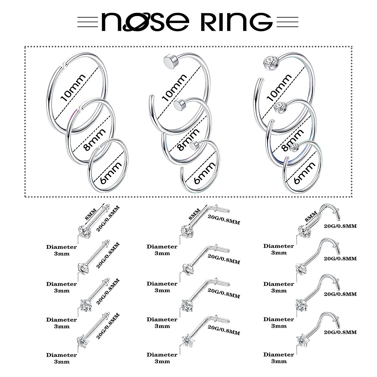 VALDEAS 21Pcs 20G Nose Rings Hoops 316L Stainless Steel Nose Rings for Women Assorted Shapes Cubic Zirconia Nose Studs Set A