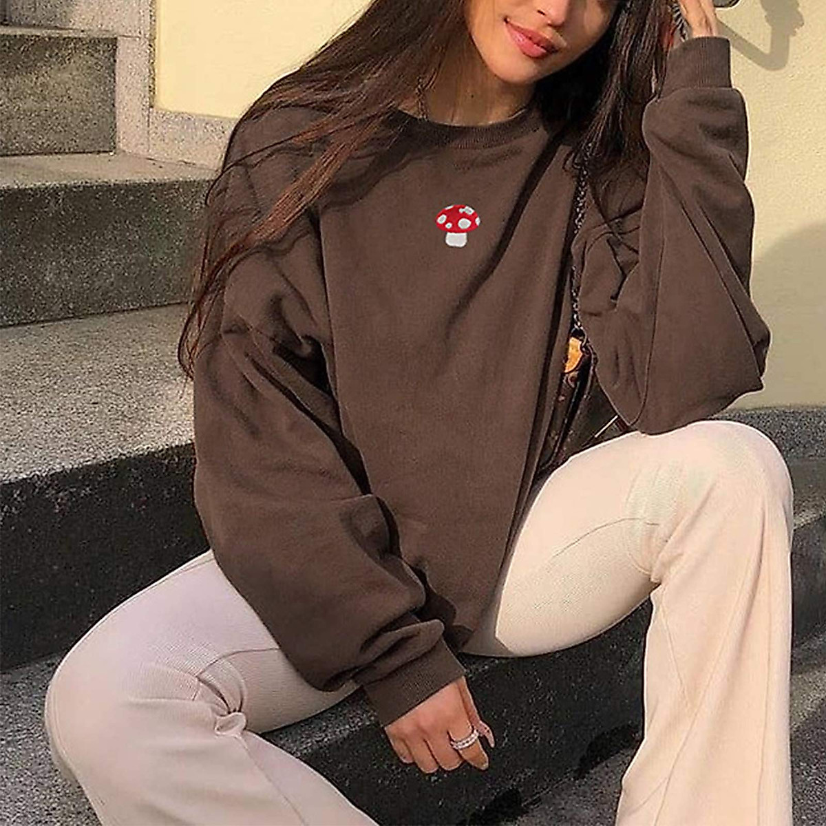 Women Long Sleeve Mushroom Embroidery Casual Oversized Crewneck Pullover Sweatshirt Tops Brown