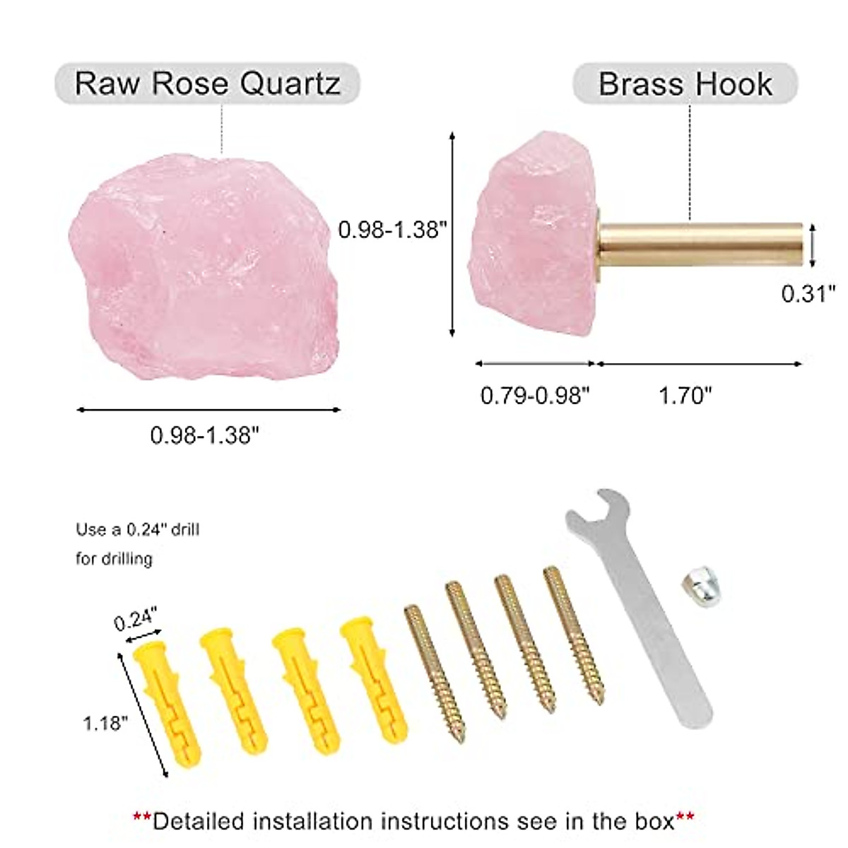 Cozy Tower 4 Pcs Rose Quartz Wall Hooks Decorative, Hat Bag Hooks for Wall Gold Brass Hooks for Hanging Purse Crystal Curtain Tieback Hooks for Wall, Pink