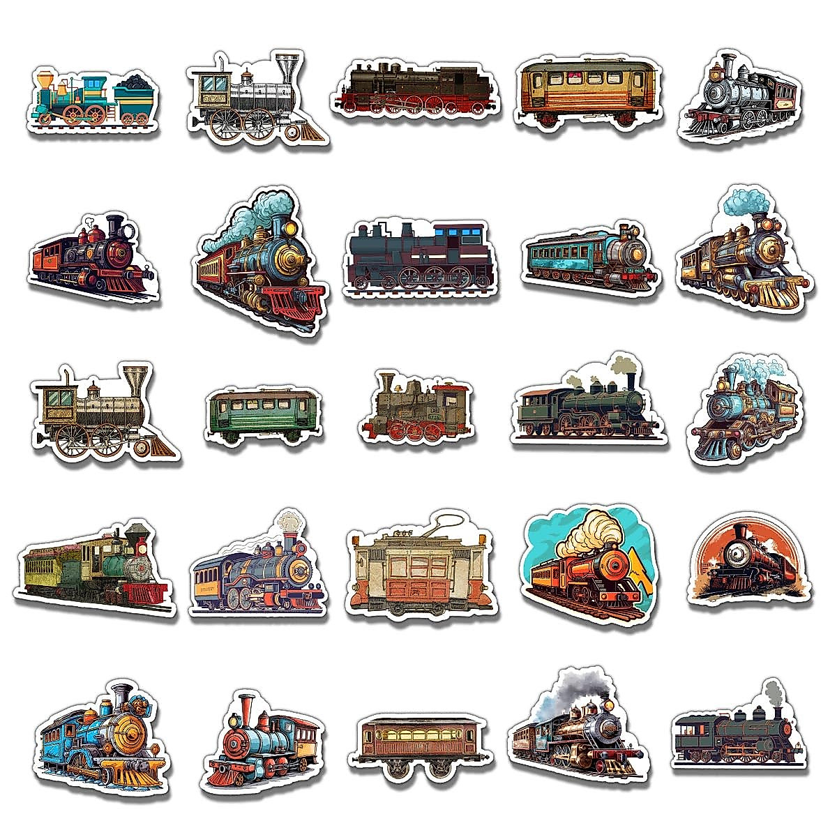 50 Pack Pcs Vintage Train Stickers for Water Bottles Waterproof Vinyl Laptop Luggage Scrapbooking Transportation Sticker Packs Bulk Set Adults Teens Boys Aesthetic Small Decals