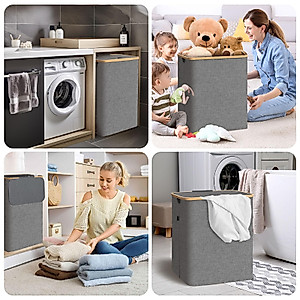 BALEINE Laundry Hamper with Lid, Tall Laundry Baskets with Bamboo Pull Handles, Large Laundry Bin with Internal Support (26 Gallon, Grey)