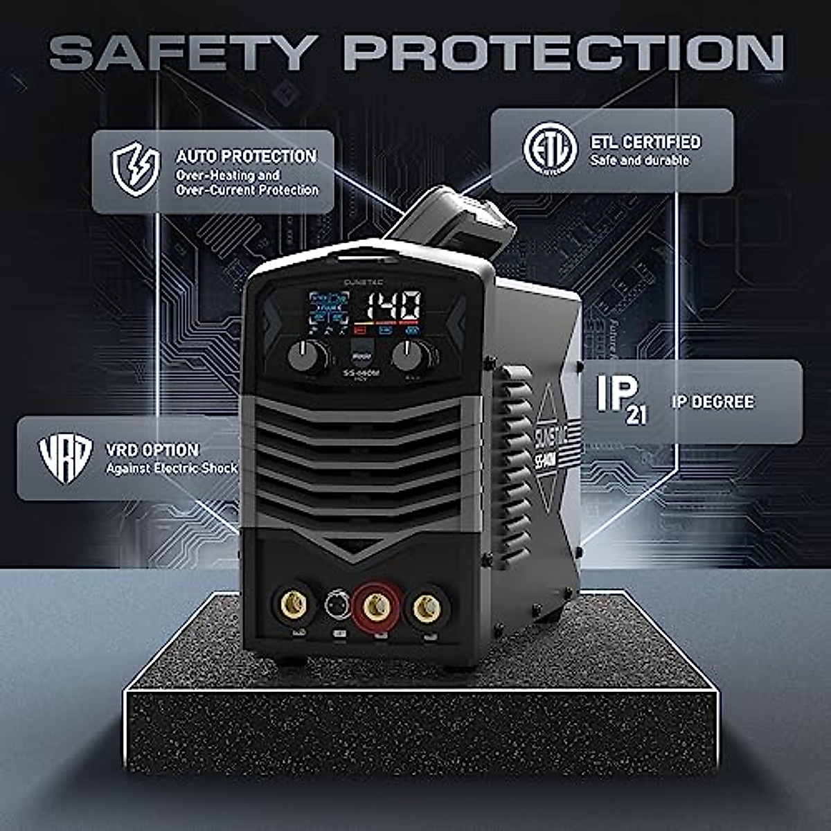 Sunstac 140Amp MIG Welder, 110V Flux Core MIG Welder/Lift TIG/Stick 3 in 1 Welding Machine with Synergic Control and IGBT Inverter, Portable Gasless MIG Welder with Intelligent LCD Display