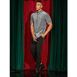 WDIRARA Men's Button Front Short Sleeve Collar Glitter Shirt Metallic Party Club Tops Pure Silver M