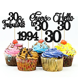 Gyufise 30Pcs 30th Birthday Cupcake Toppers Glitter Hello 30 Cupcake Topper Cheers to 30 1994 Thirty Cupcake Picks for Happy 30th Birthday Anniversary Party Cake Decorations Black
